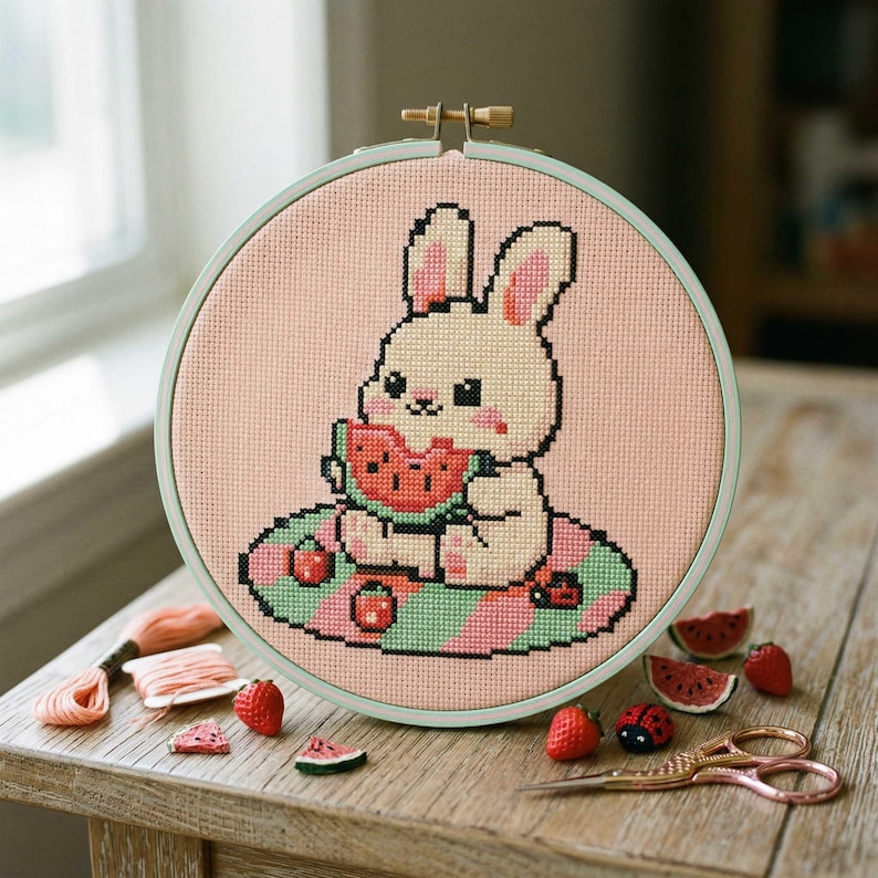 Minimal Cross Stitch Pattern | Watermelon Rabbit Embroidery Design ...
