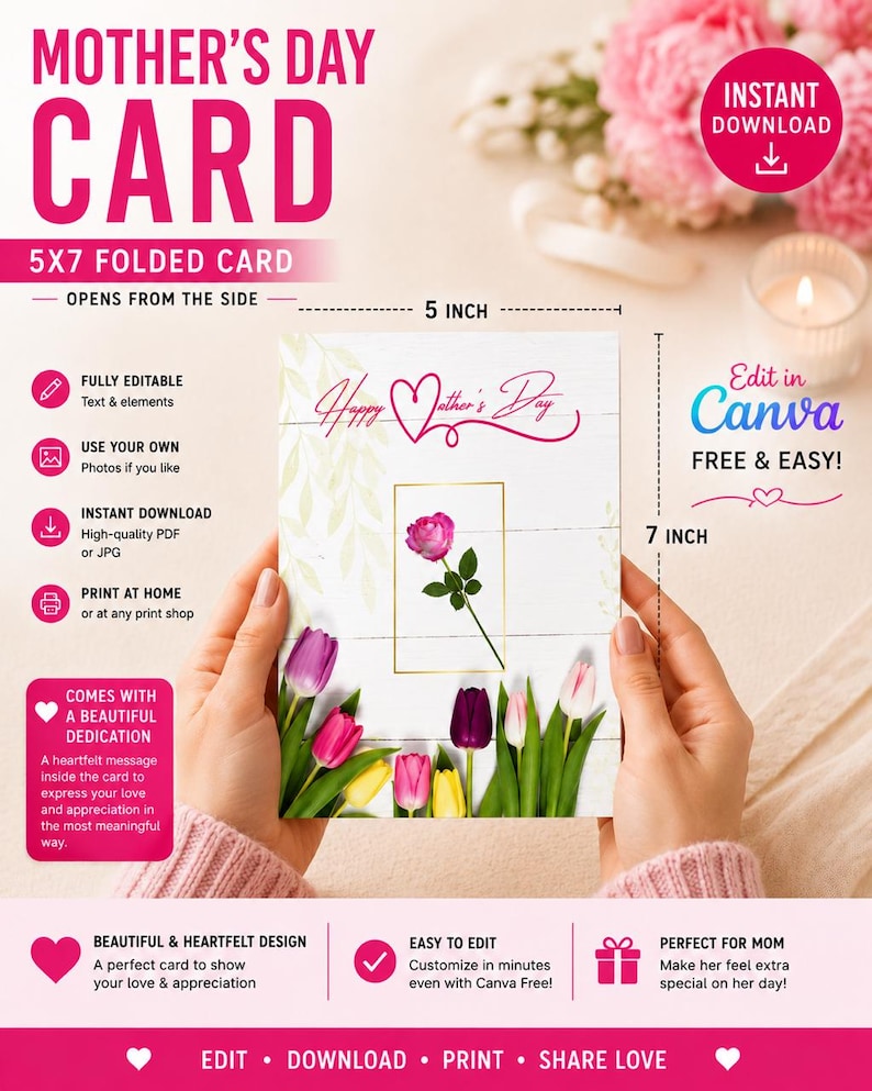 Editable Mother's Day Card Template 5x7 Floral Design (digital Download ...