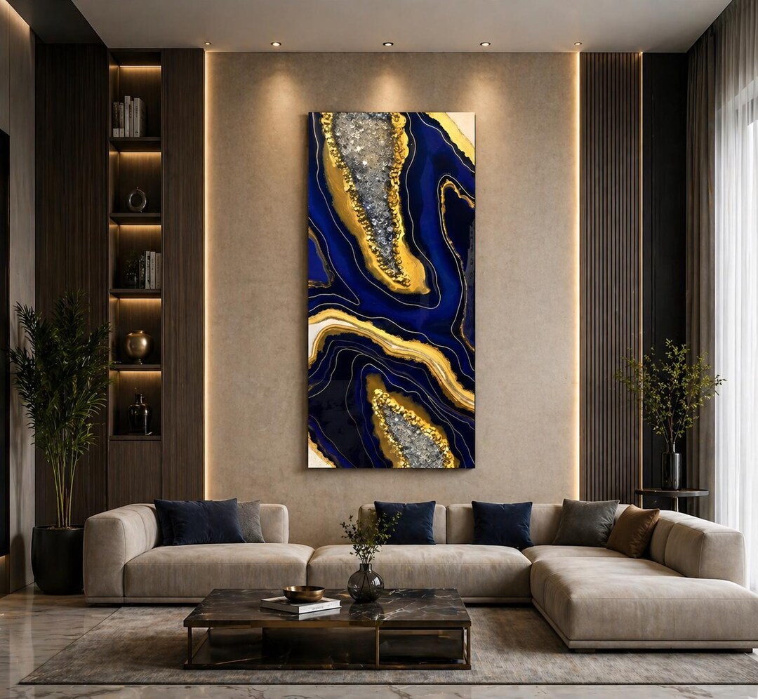 Decoración de pared con resina de geoda azul y dorada / Textura mineral ...
