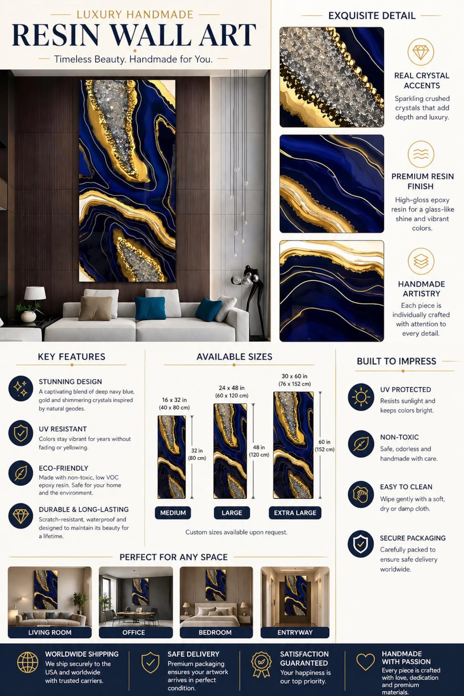 Decoración de pared con resina de geoda azul y dorada / Textura mineral ...
