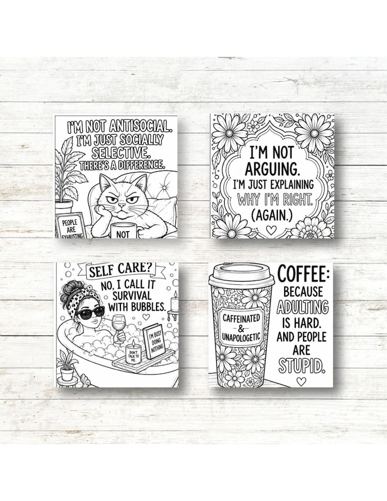 Snarky Adult Coloring Pages Set, Funny Sarcastic Quotes, Coffee, Cats ...