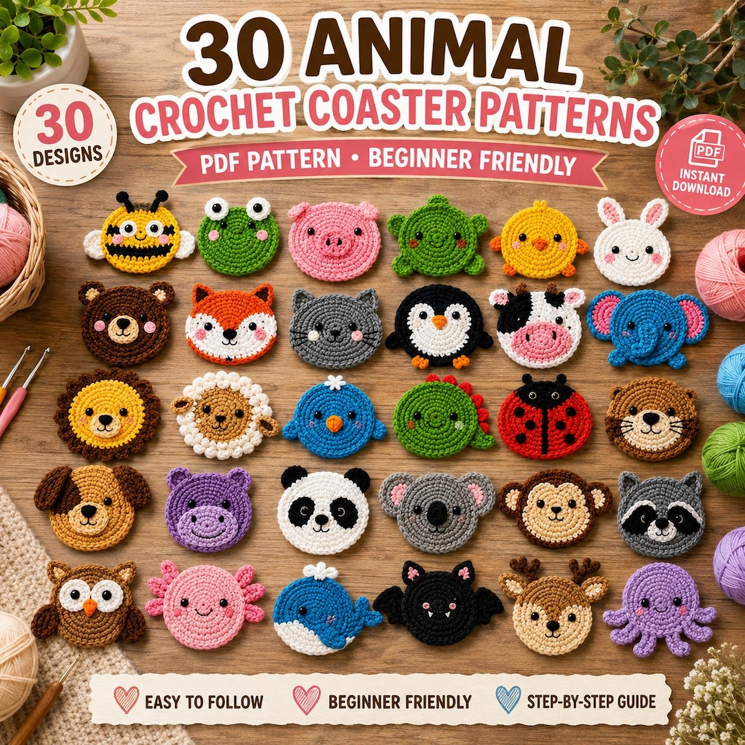 30 Animal Crochet Coaster Patterns Bundle | Beginner Friendly PDF ...
