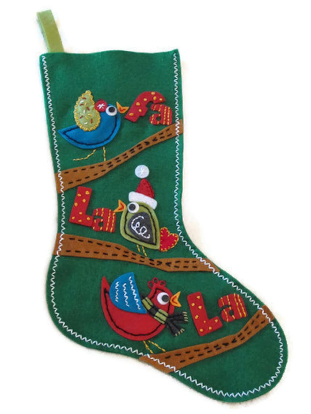 Birds Christmas Felt Stocking Green Fa La La - Etsy