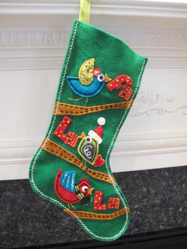 Birds Christmas Felt Stocking Green Fa La La - Etsy