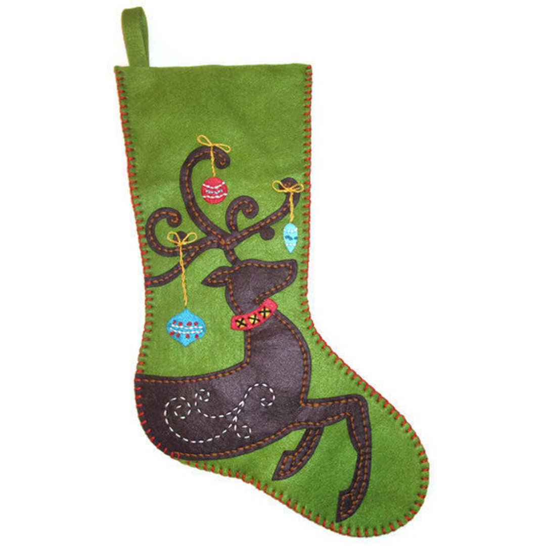 Ornate Deer Green Felt Stocking - Etsy