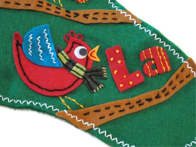 Birds Christmas Felt Stocking Green Fa La La - Etsy