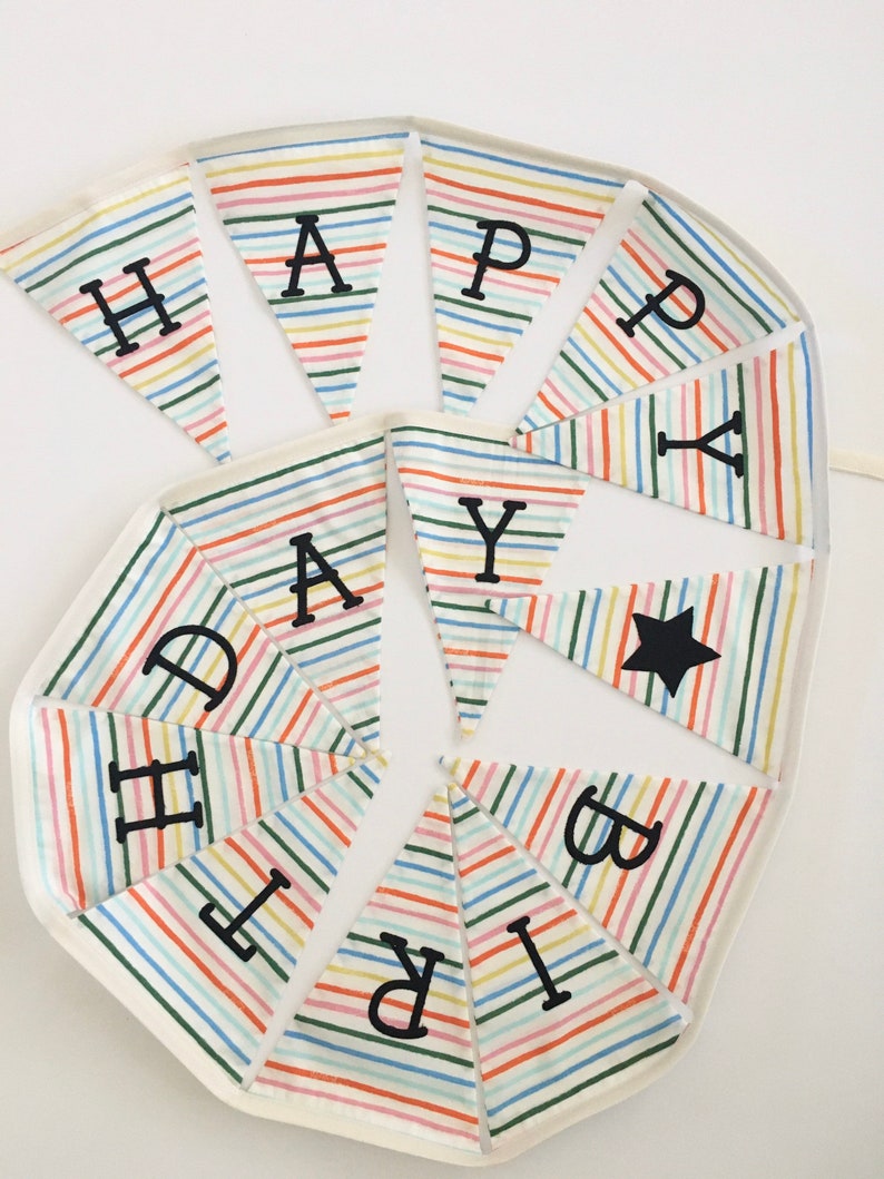 Happy Birthday Fabric Banner. Stripes Birthday Pennant Banner. - Etsy