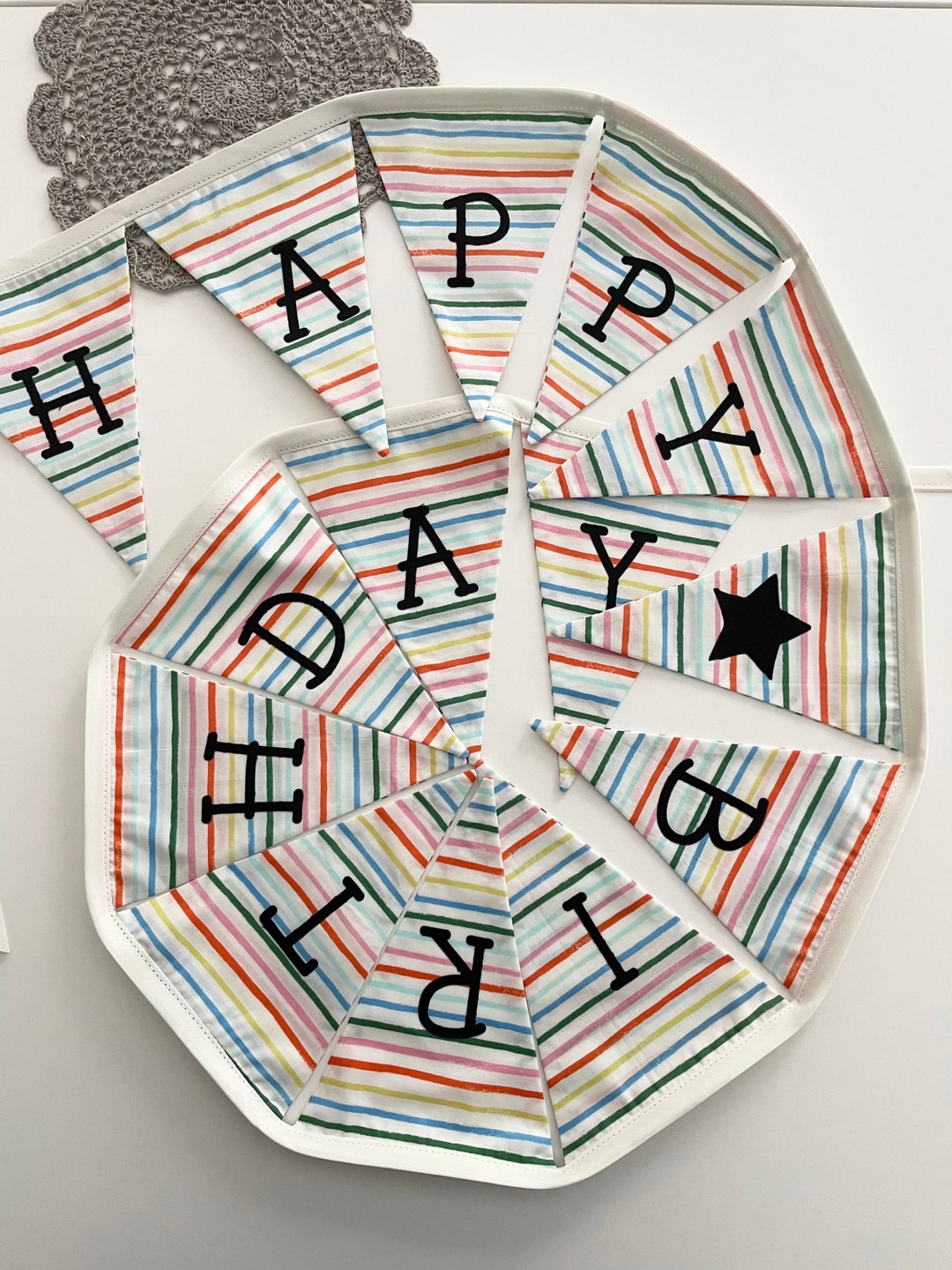 Happy Birthday Fabric Banner. Stripes Birthday Pennant Banner. Birthday ...