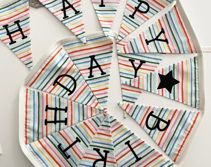Happy Birthday Fabric Banner. Stripes Birthday Pennant Banner. Birthday ...