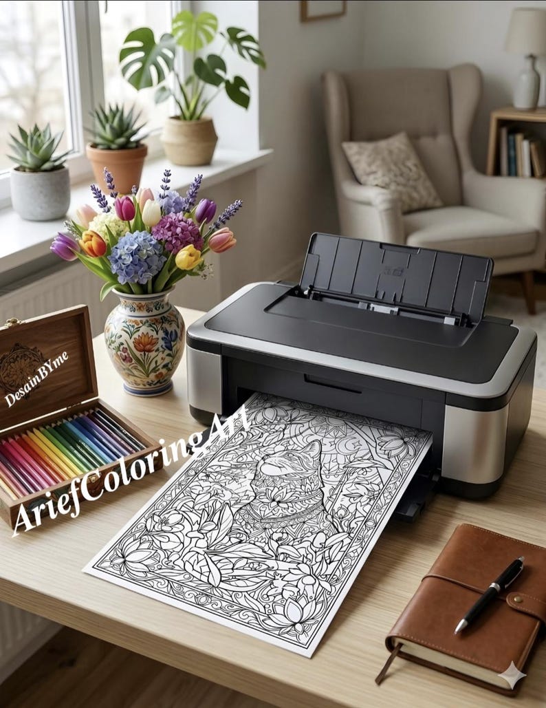 Floral Cat Art: 76 Design Coloring Adult - Etsy