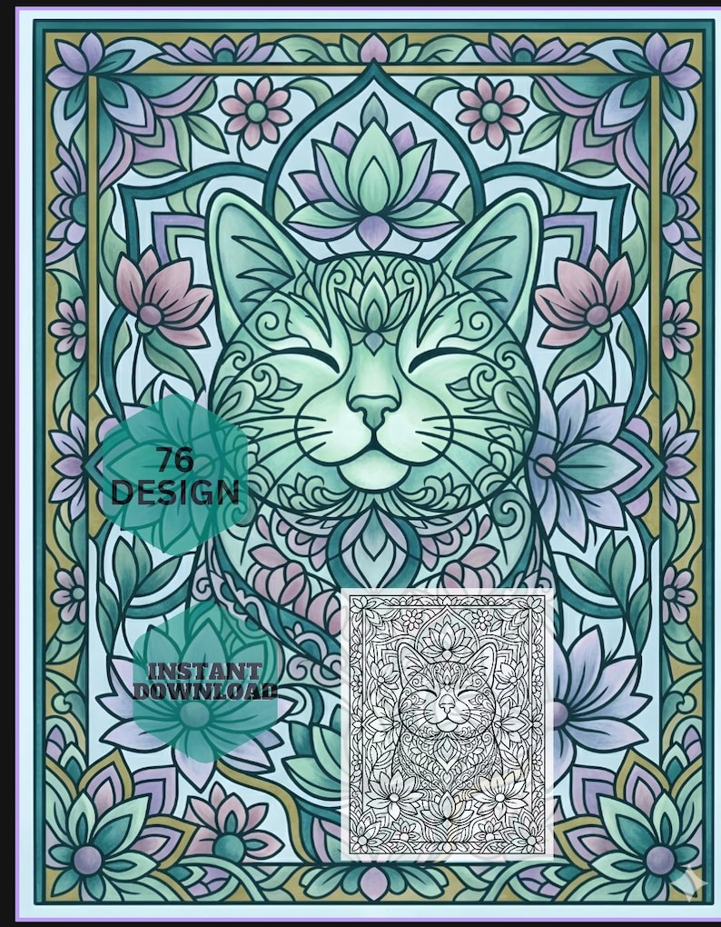 Floral Cat Art: 76 Design Coloring Adult - Etsy