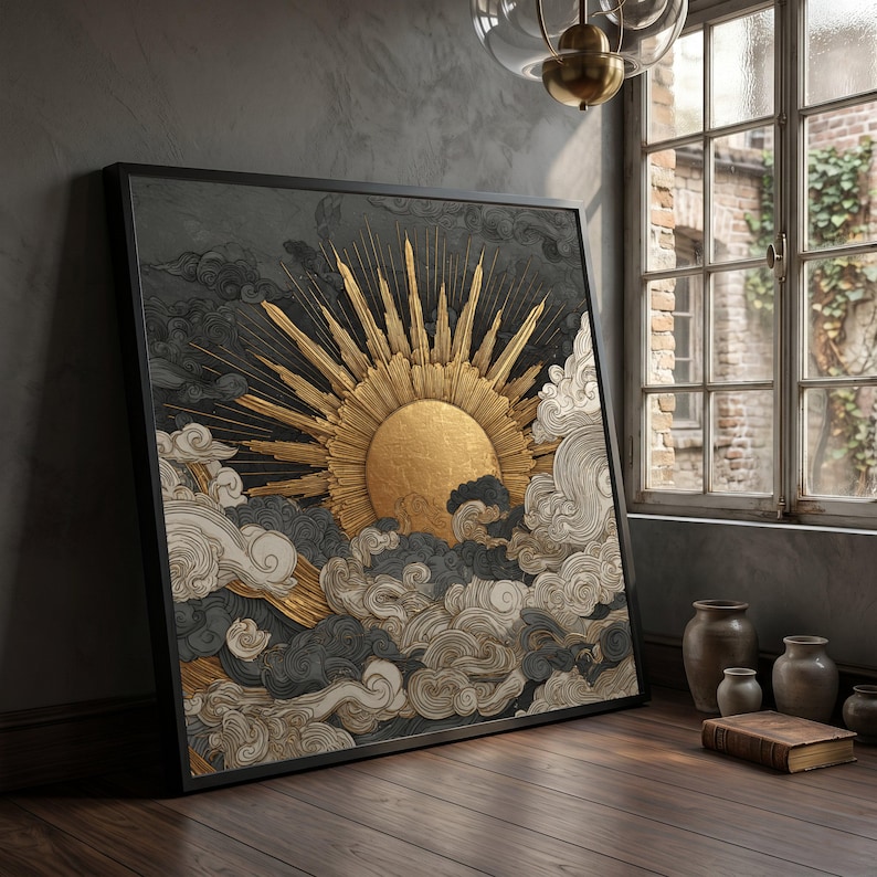 Golden Sunburst Canvas Art, Abstract Cloud Illustration, Metallic Sky ...