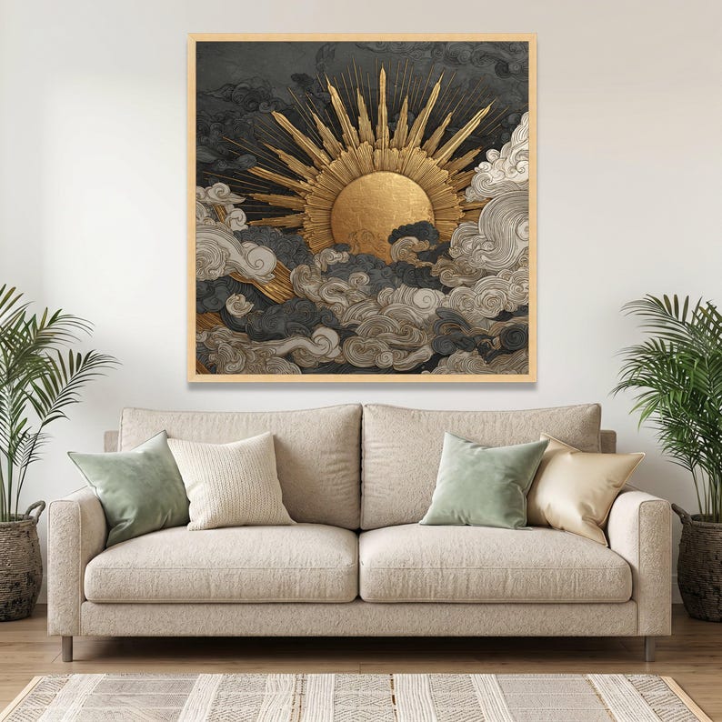 Golden Sunburst Canvas Art, Abstract Cloud Illustration, Metallic Sky ...