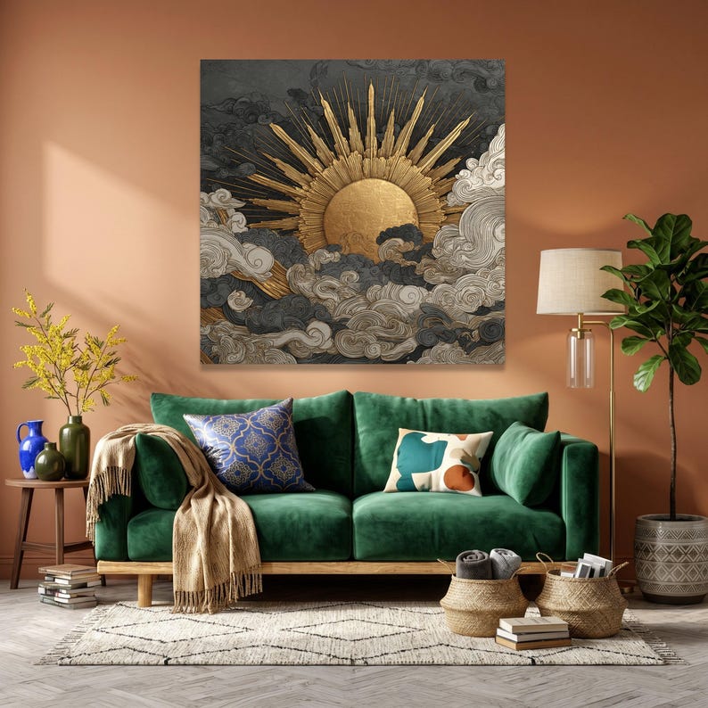 Golden Sunburst Canvas Art, Abstract Cloud Illustration, Metallic Sky ...