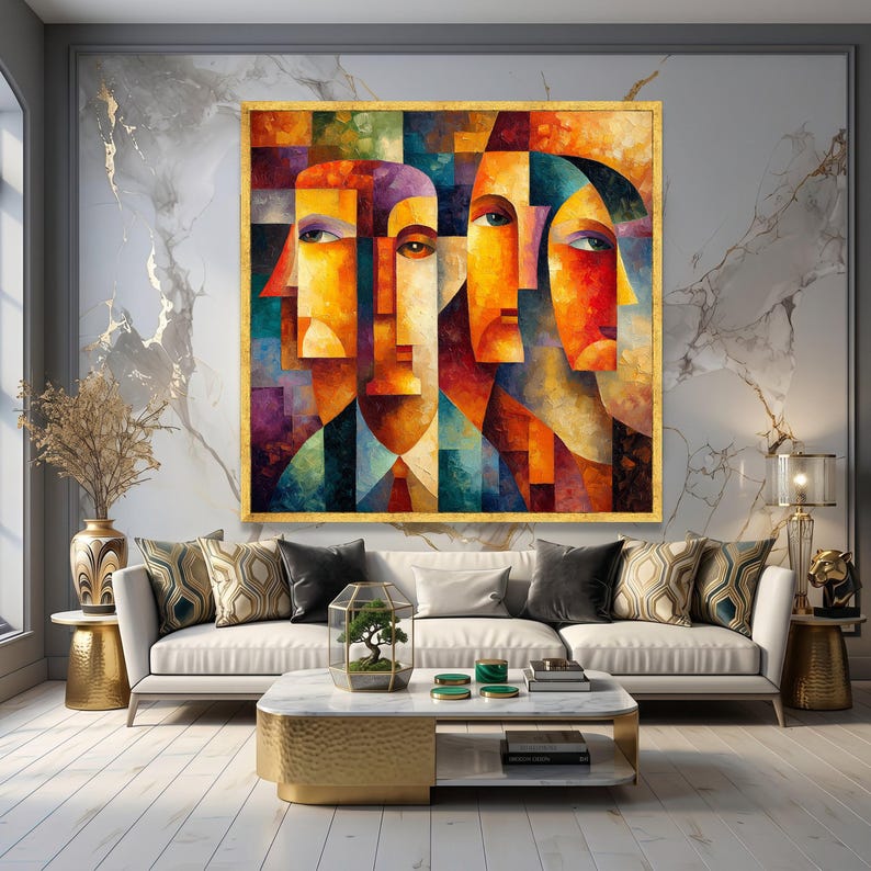 Abstract Faces Cubist Canvas, Colorful Expressionist Wall Art ...