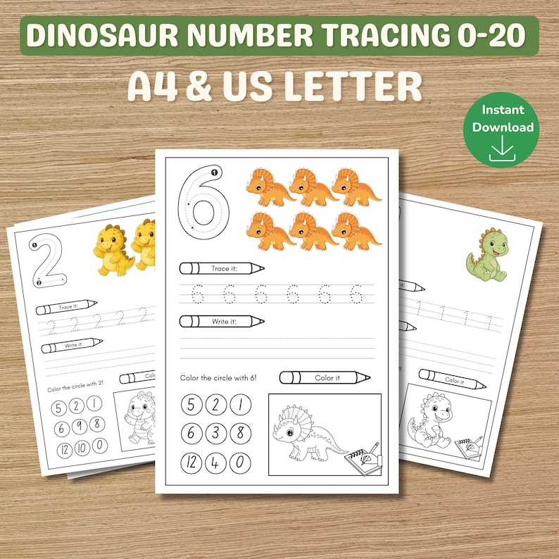Dinosaur Number Tracing Worksheets 0-20, Preschool Math Printable ...
