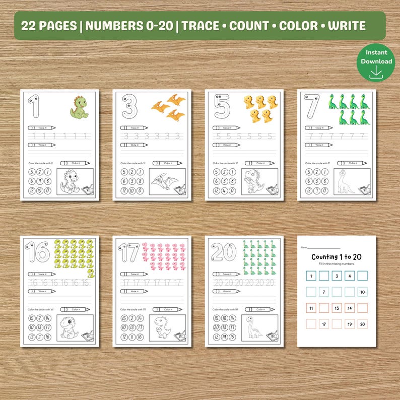 Dinosaur Number Tracing Worksheets 0-20, Preschool Math Printable ...