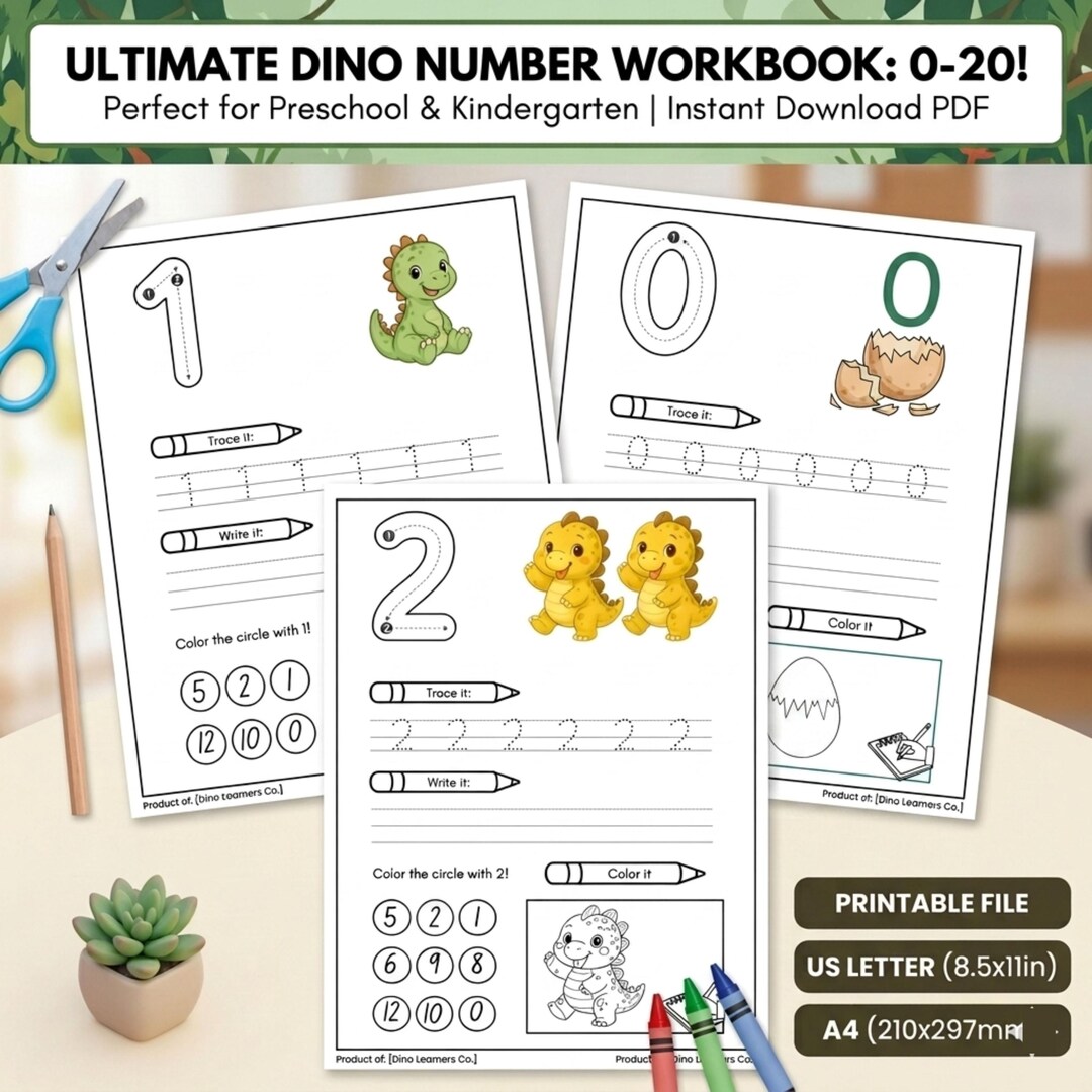 Dinosaur Number Tracing Worksheets 0-20, Preschool Math Printable ...