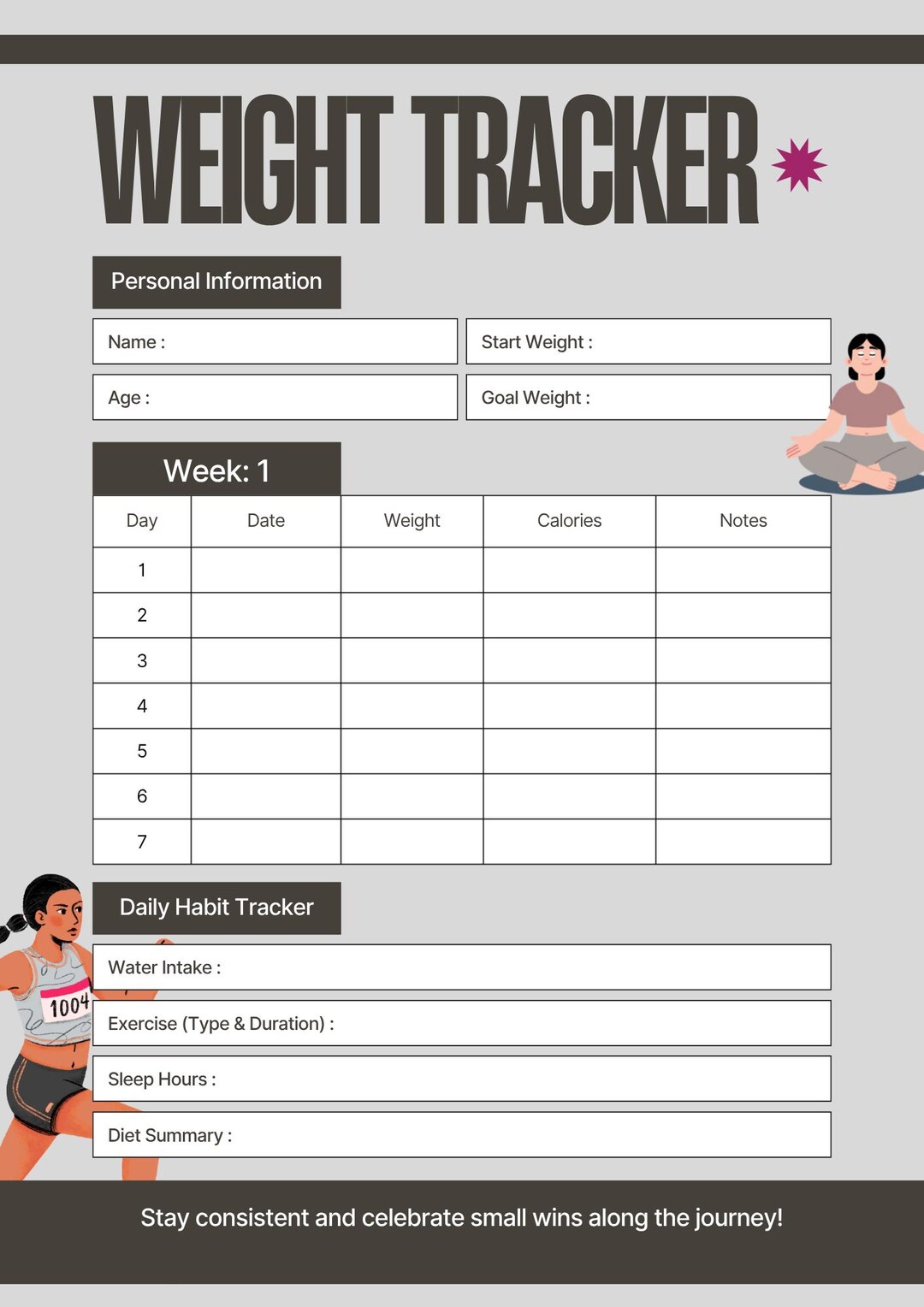 Weight Loss Tracker Printable | Fitness Goal Planner (instant Download ...