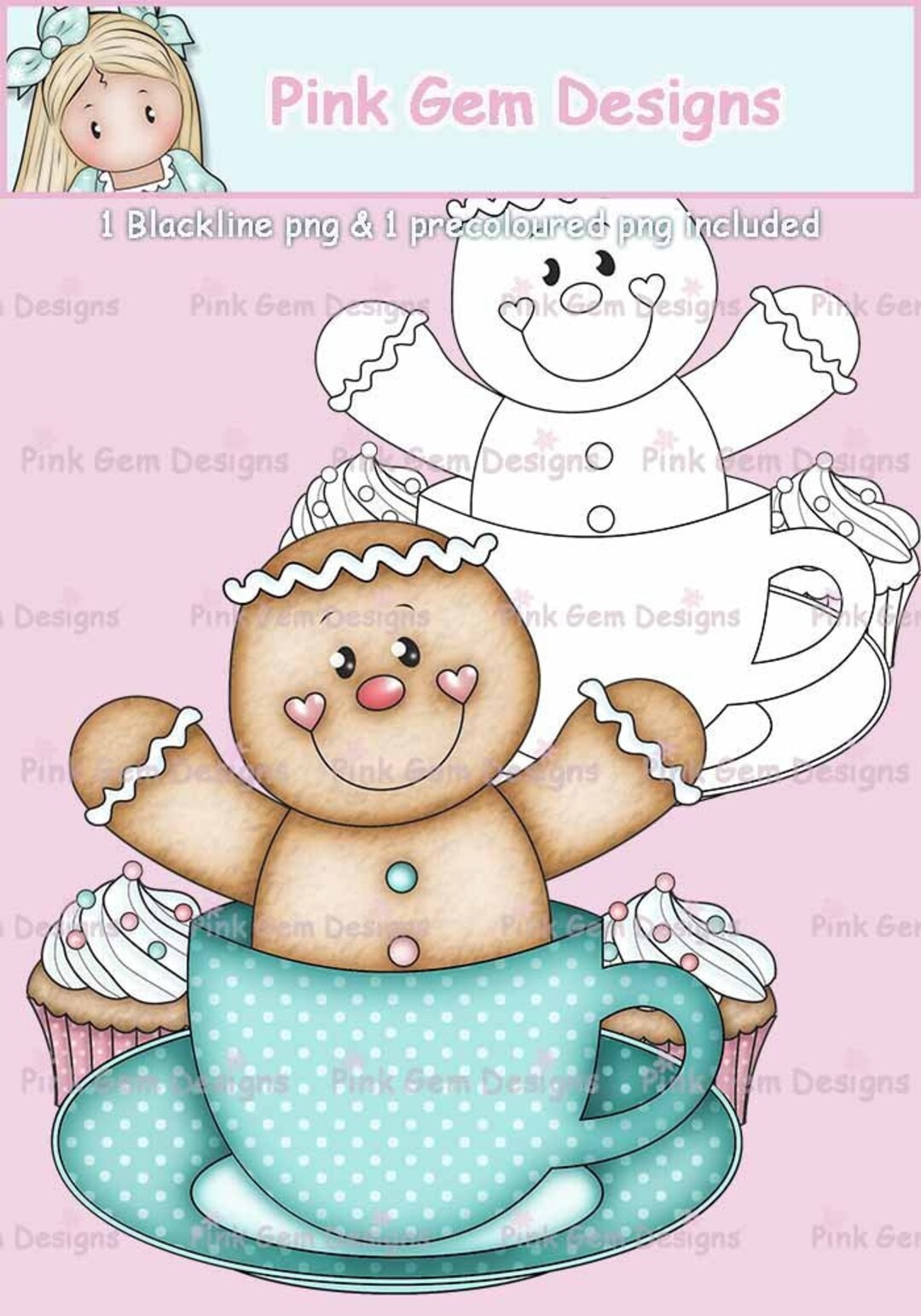 Digi Stamp 'teacup Ginger' Gingerbread Man. 1 Black Line Png & 1 Pre ...