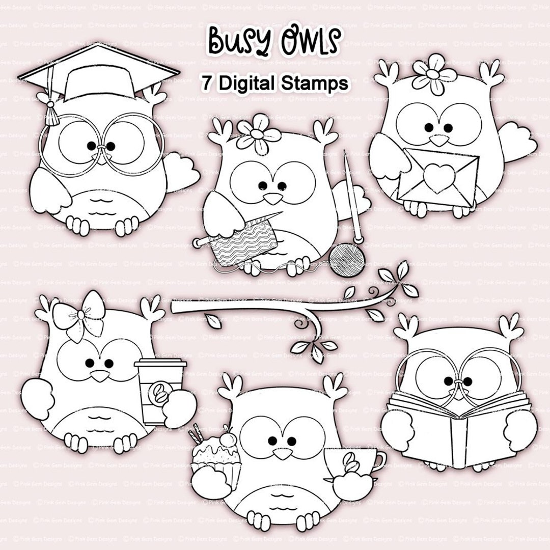 Owls Digital Stamp Set, 7 Black Line Art Png Files, Busy Owls, Clipart ...