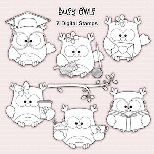 Owls Digital Stamp Set, 7 Black Line Art Png Files, Busy Owls, Clipart ...