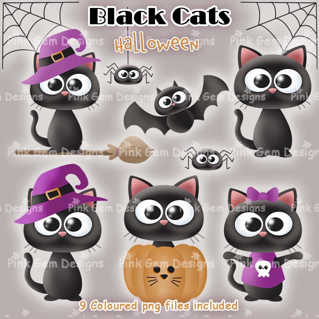 Black Cats Halloween Clipart Set, Coloured Digital Images, 9 Png Files ...