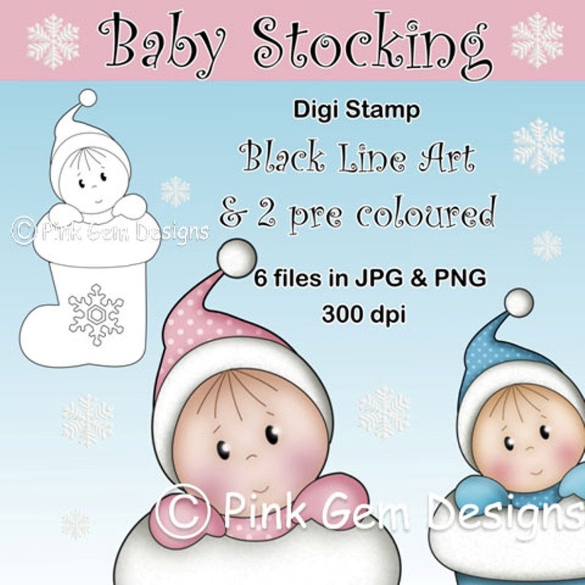 Digi Stamp Baby Christmas Stocking. Black Line Art and Pre - Etsy