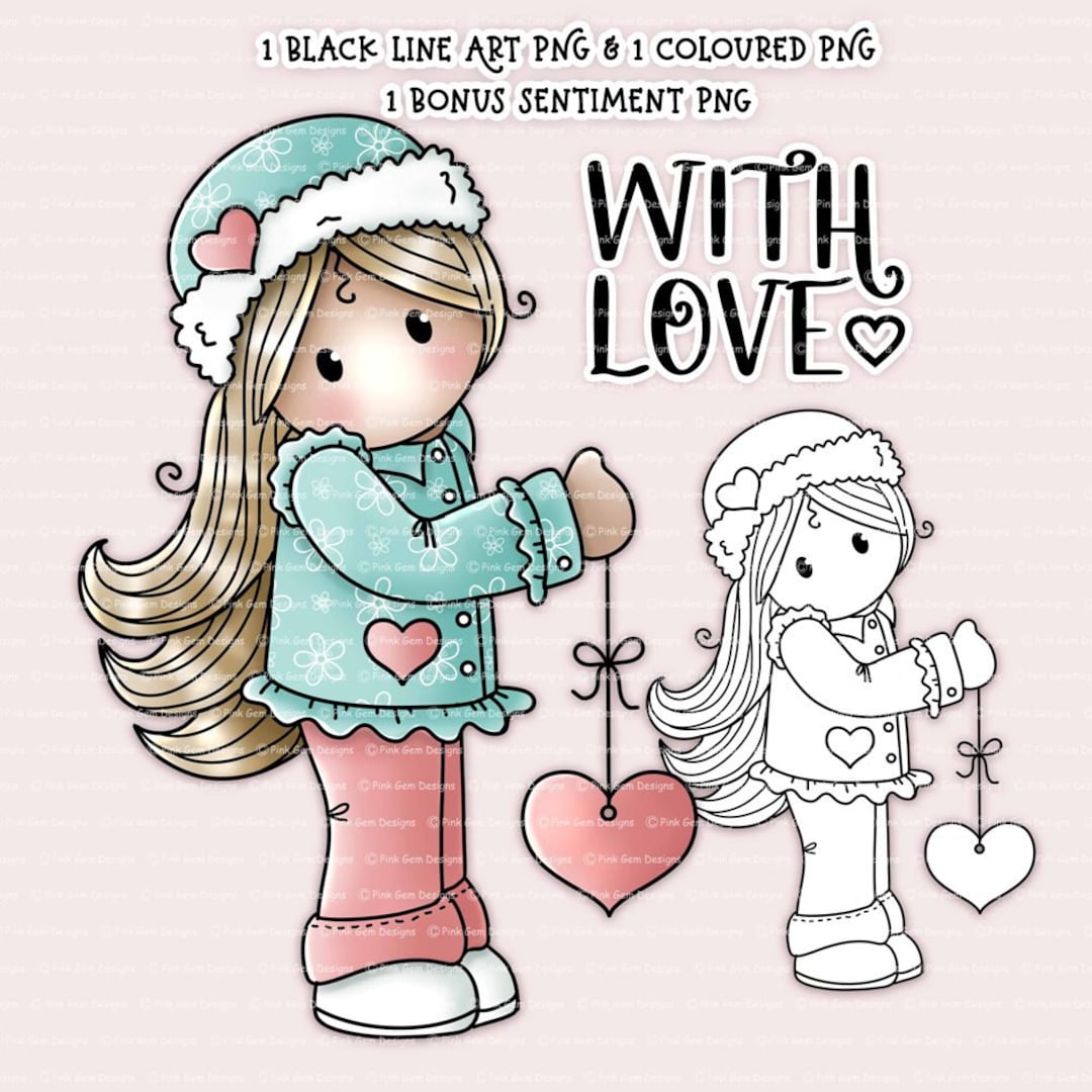 Digi Stamp Heart Chloe, Girl Digi Stamps, 1 Black Line Png & 1 Pre ...