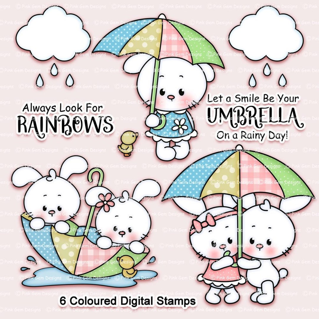 Rainy Day Bunnies Coloured Digital Stamp Set, 6 Coloured Png Files ...