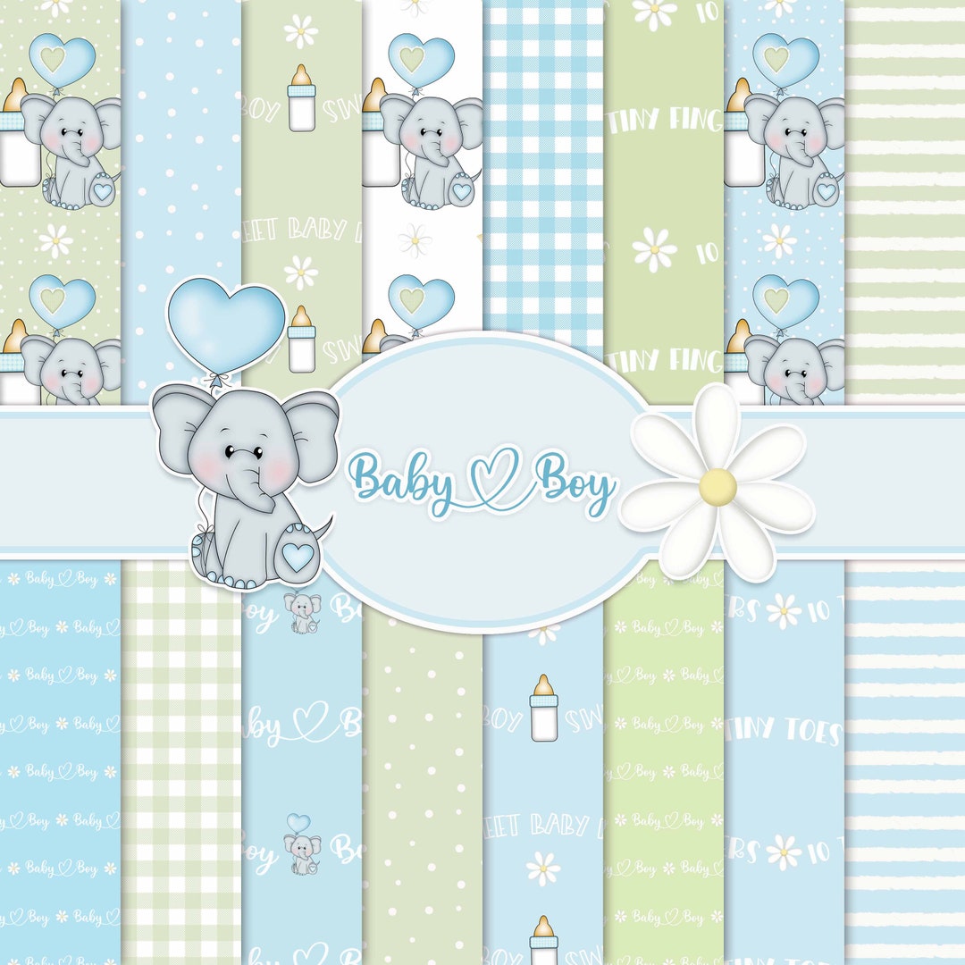 Baby Boy Digital Papers, Nursery Papers, Baby Boy Shower, Elephant ...
