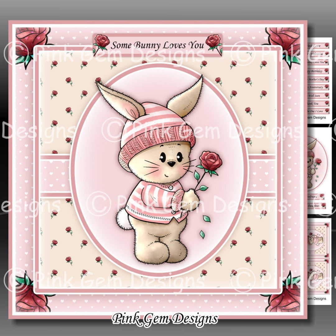 Bunny With Rose Downloadable Card Kit With Decoupage,card Making ...