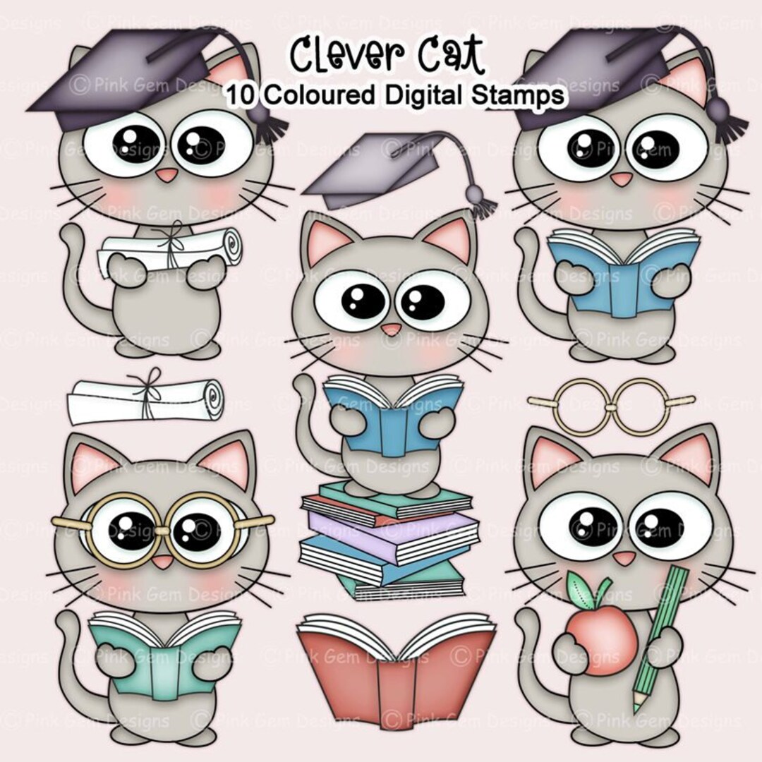 Clever Cat Coloured Digital Stamp Set 10 Coloured Png Files - Etsy