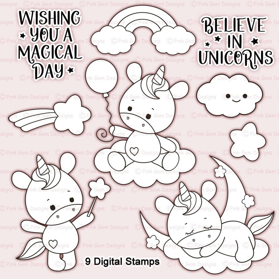 Believe in Unicorns Digital Stamp Set, 9 Black Line Art Png Files ...