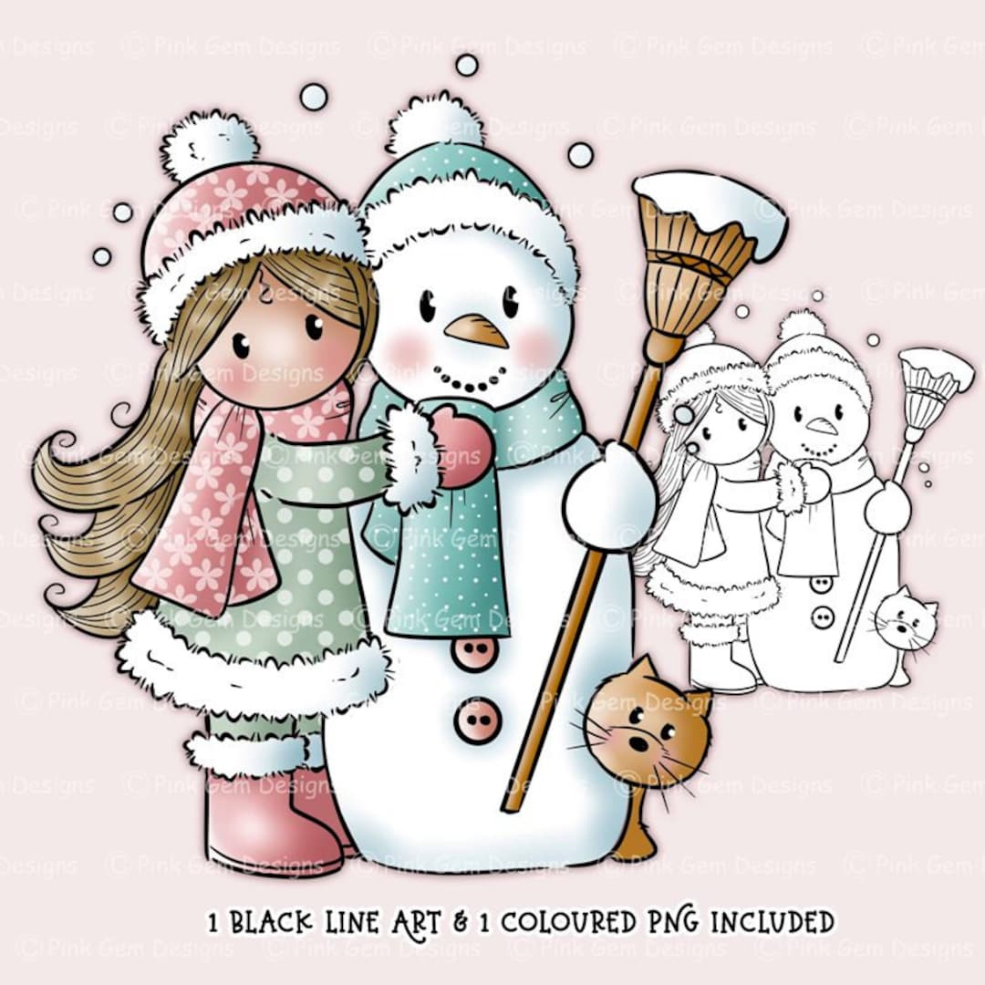 Digi Stamp Snow Hugs Chloe, Girl Digi Stamps, 1 Black Line Png & 1 Pre ...