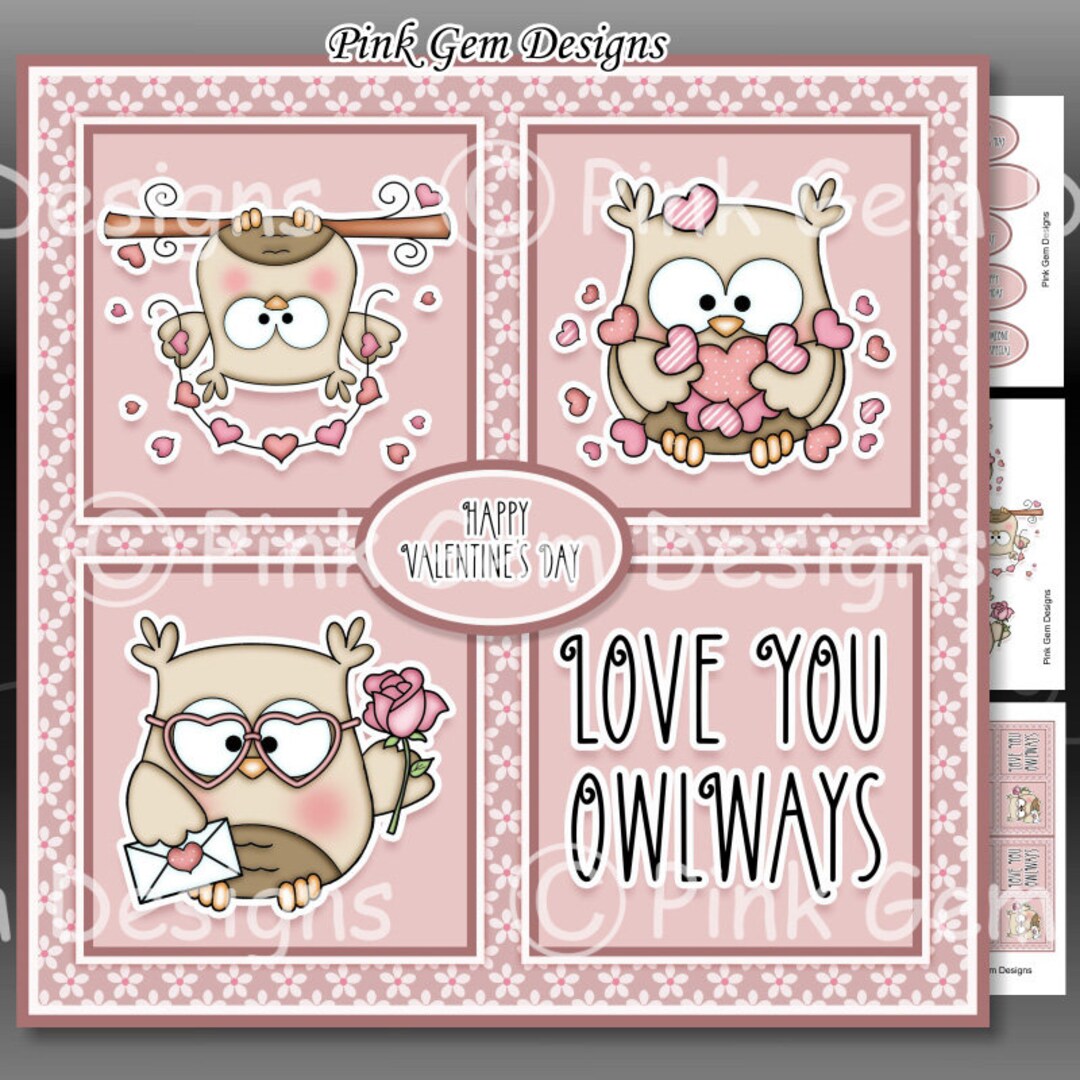 Downloadable Card Kit Owl Valentine Squares. Card Making Download. 3 A4 ...