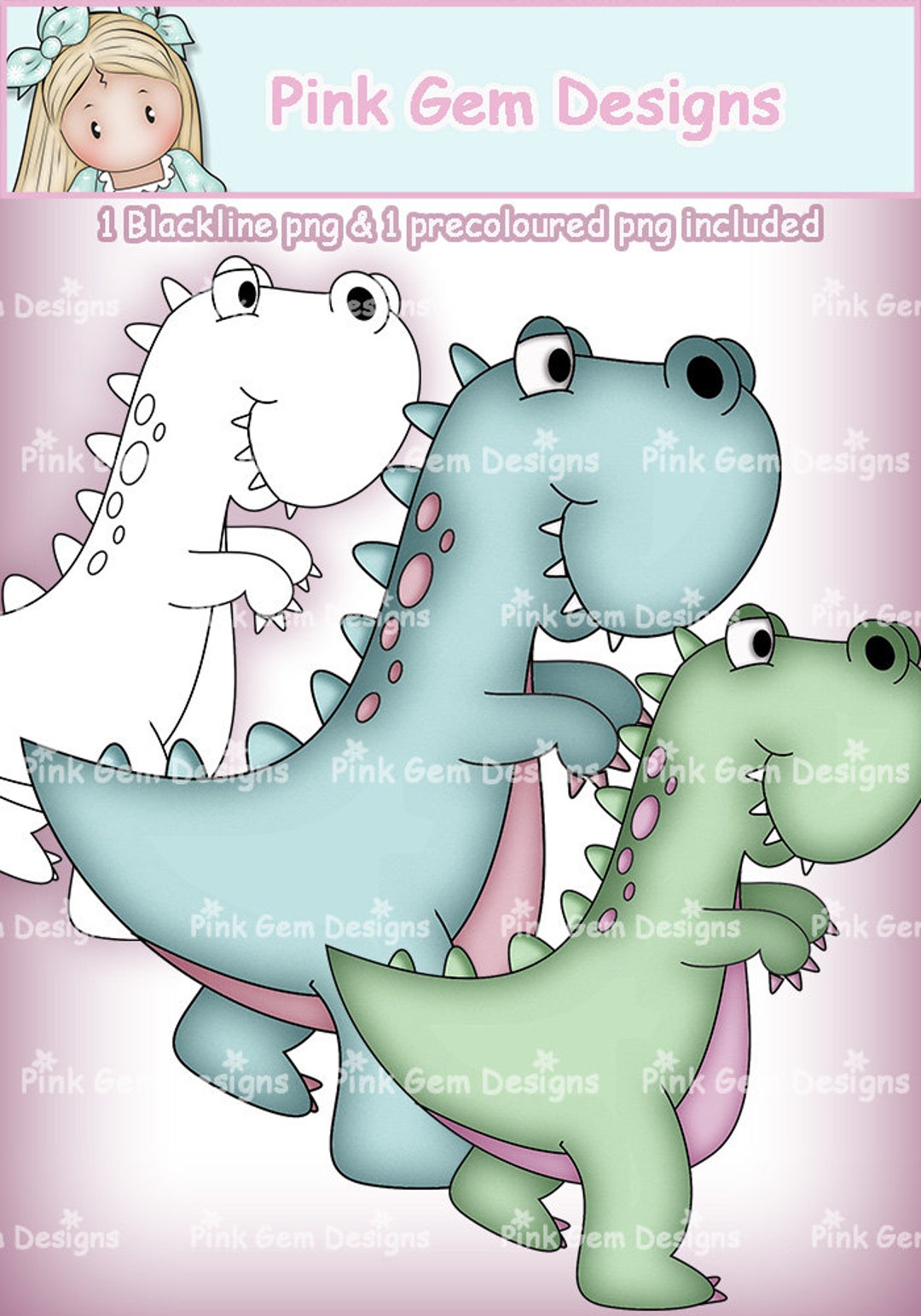 Digi Stamp T Rex Birthday, Party Invitations. 2 Pre Coloured PNG in ...