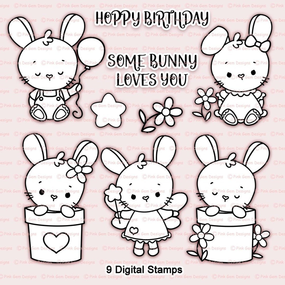 Bunny Digital Stamp Set, 9 Black Line Art Png Files, Love, Clipart ...