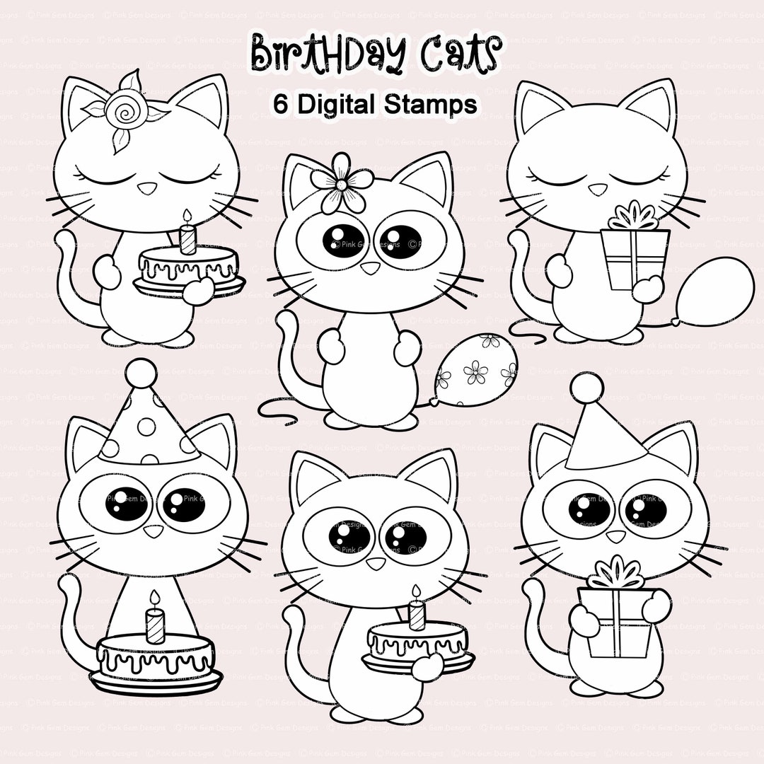 Birthday Cats Digital Stamp Set, 6 Black Line Art Png Files, Clipart ...