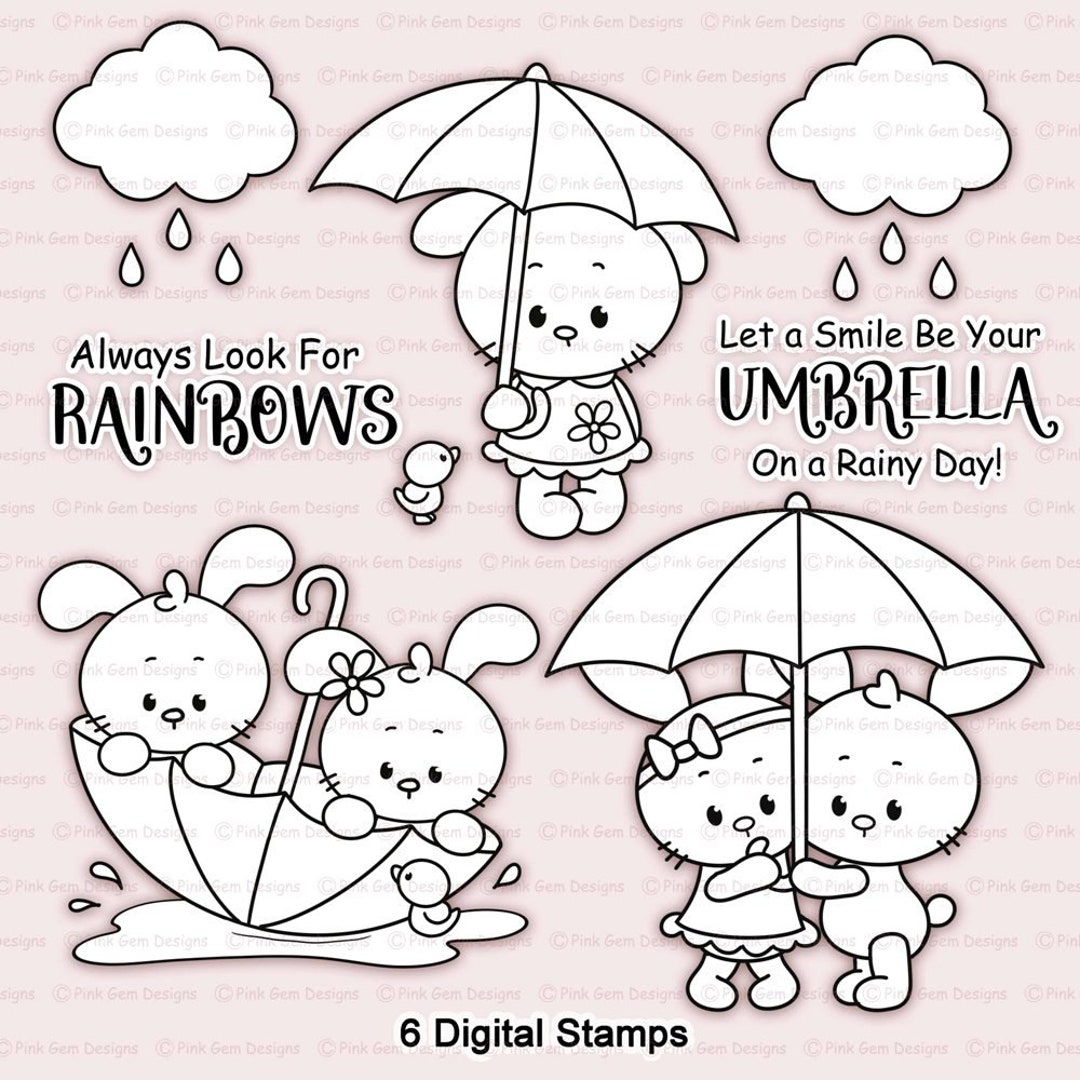 Rainy Day Bunnies Digital Stamps: Black Line Art (PNG Files) - Etsy