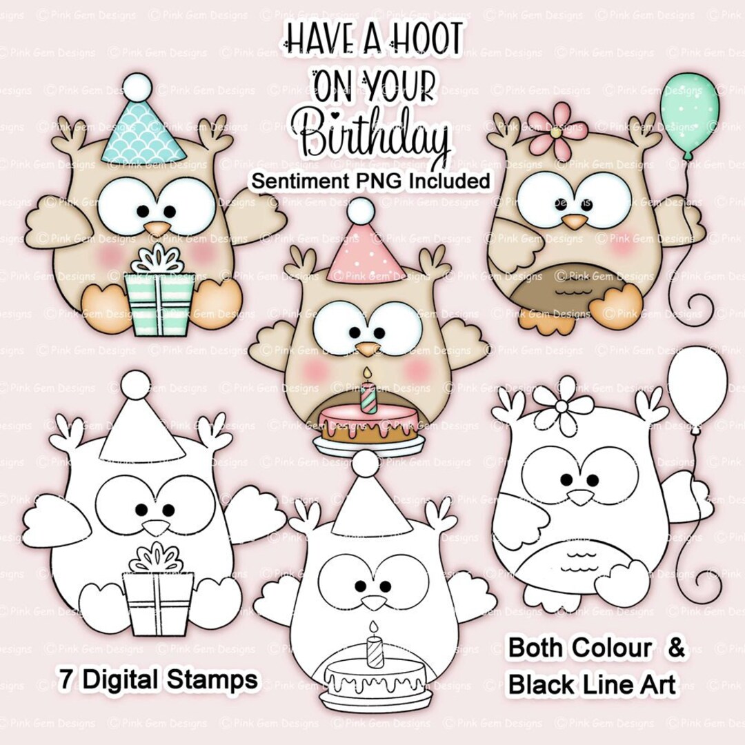 Digi Stamp Set, Birthday Owls, Stamps, Owl, Cake, 3 Pre-coloured & 3 ...