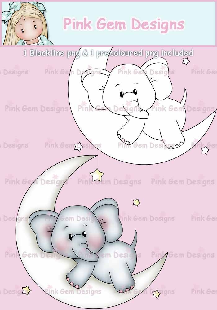 Digi Stamp 'moon Elephant' Birthday, Elephant, Party Invitations Etc 1 ...