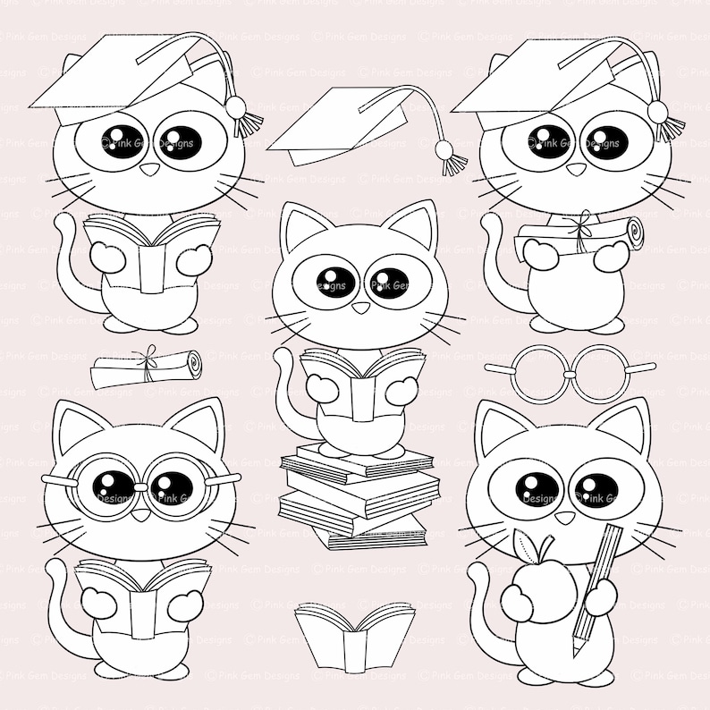 Clever Cat Digital Stamp Set 10 Black Line Art Png Files - Etsy