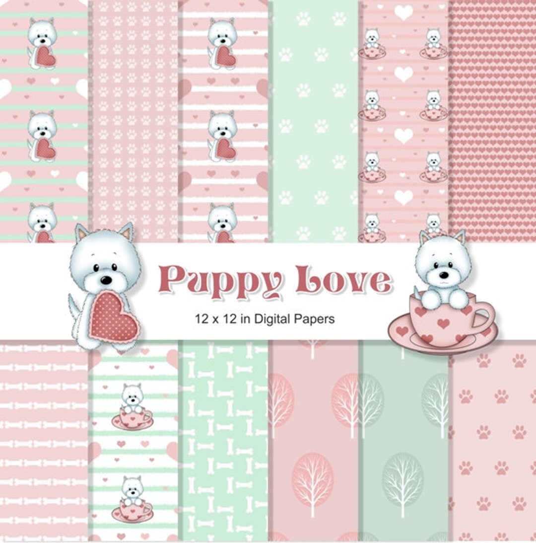 Puppy Love, 12 Digital Papers, Small Commercial Use, Downloadable Digi ...