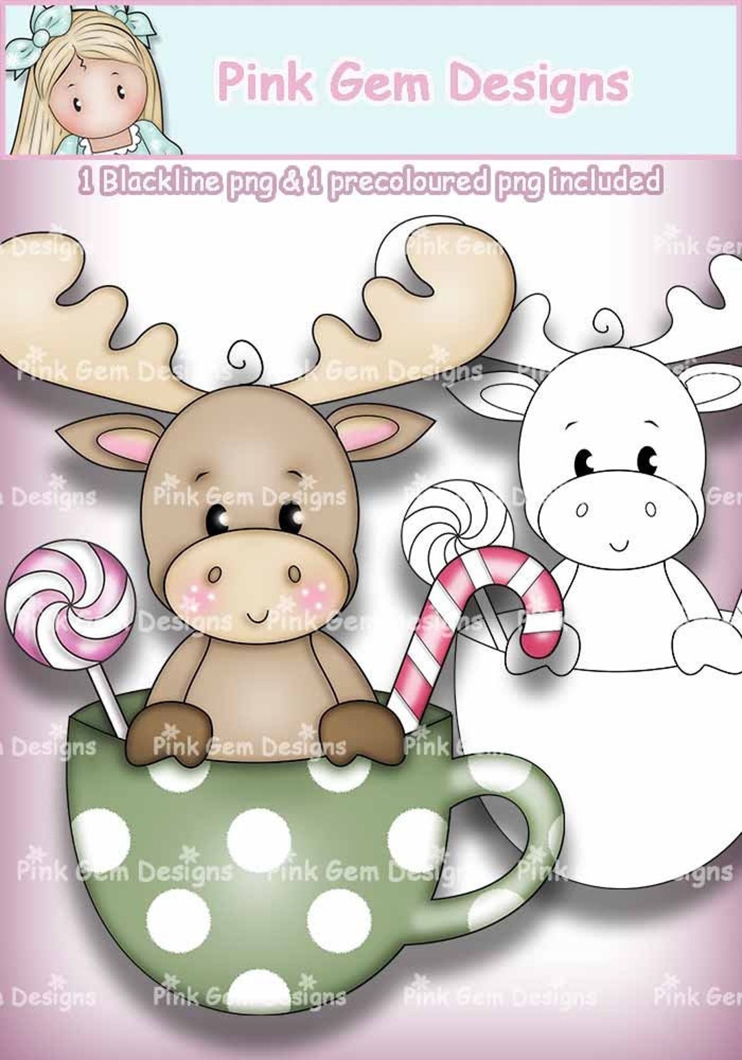 Digi Stamp Christmas Moose Cup.reindeer. Card Making 1 Pre Coloured Png ...
