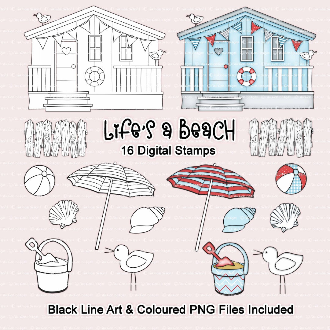 Beach Digi Stamps Set, Seaside Digi Stamps, 8 Black Line Art PNG & 8 ...