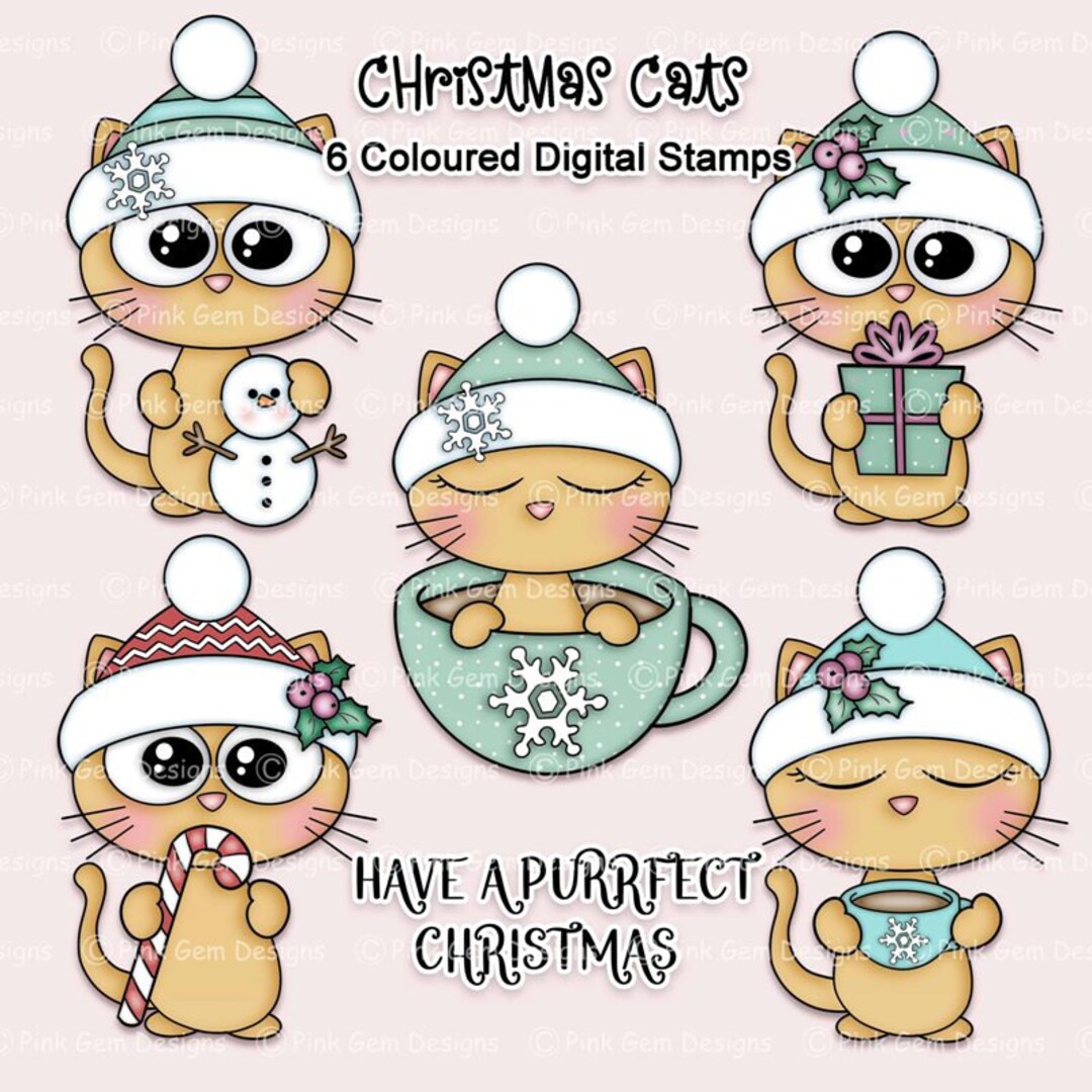 Christmas Cats Coloured Digital Stamp Set, 5 Coloured Png Files, Cats ...