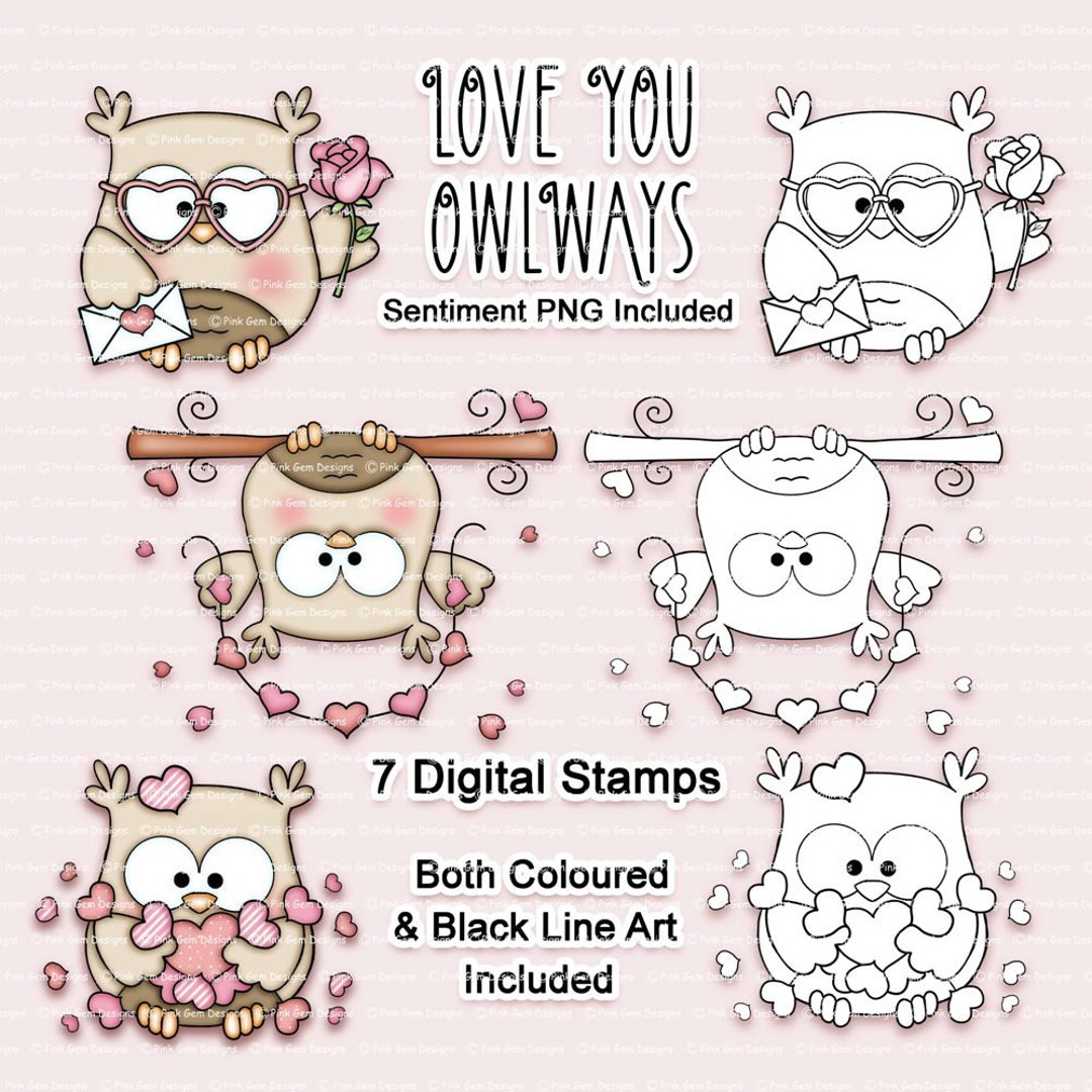 Digi Stamp Set, Love Owls, Stamps, Owl, Valentine, 3 Pre-coloured & 3 ...
