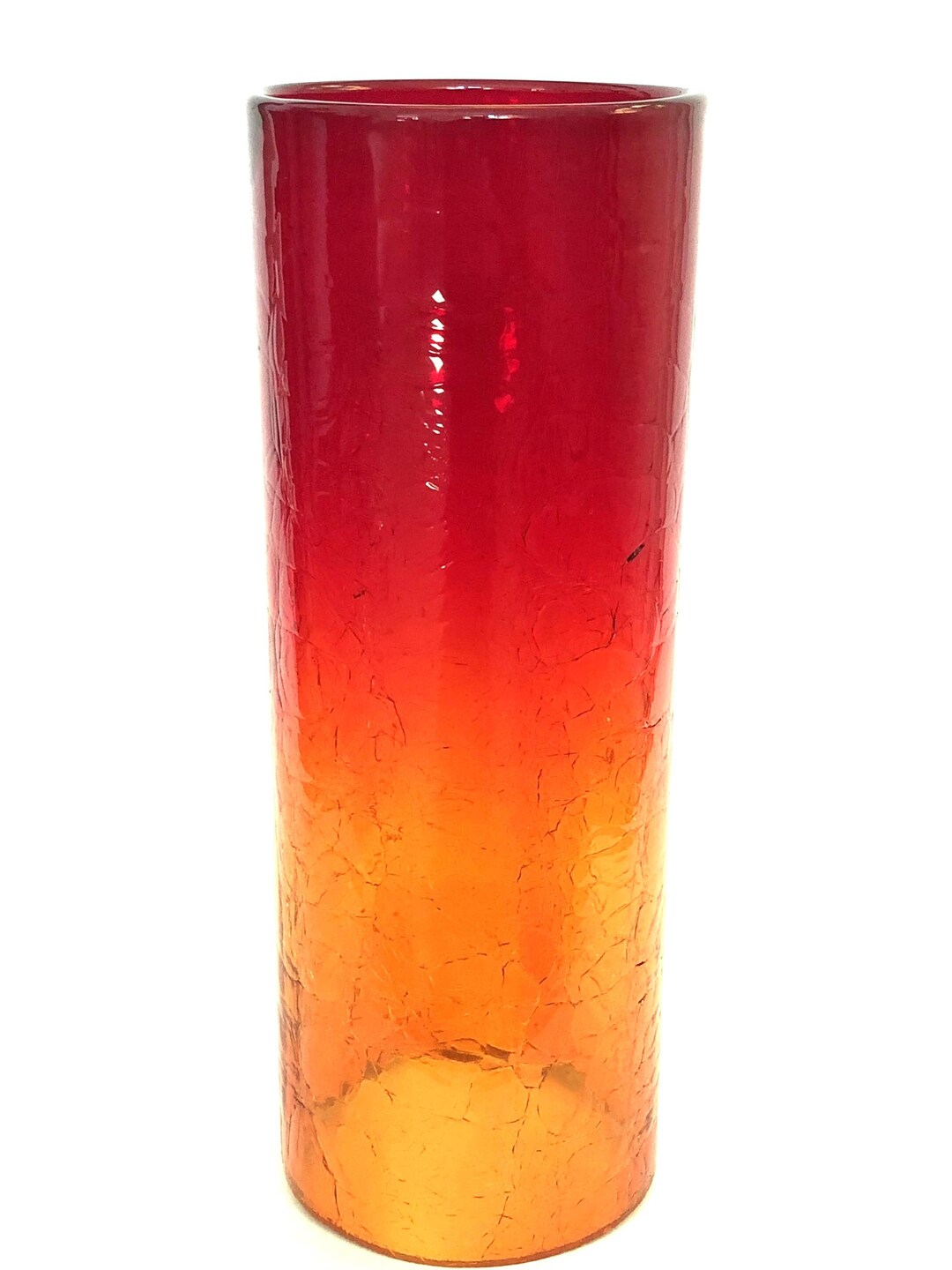 Blenko Tall Hurricane Glass, Crackle Glass, Tangerine, Amberina, Red ...