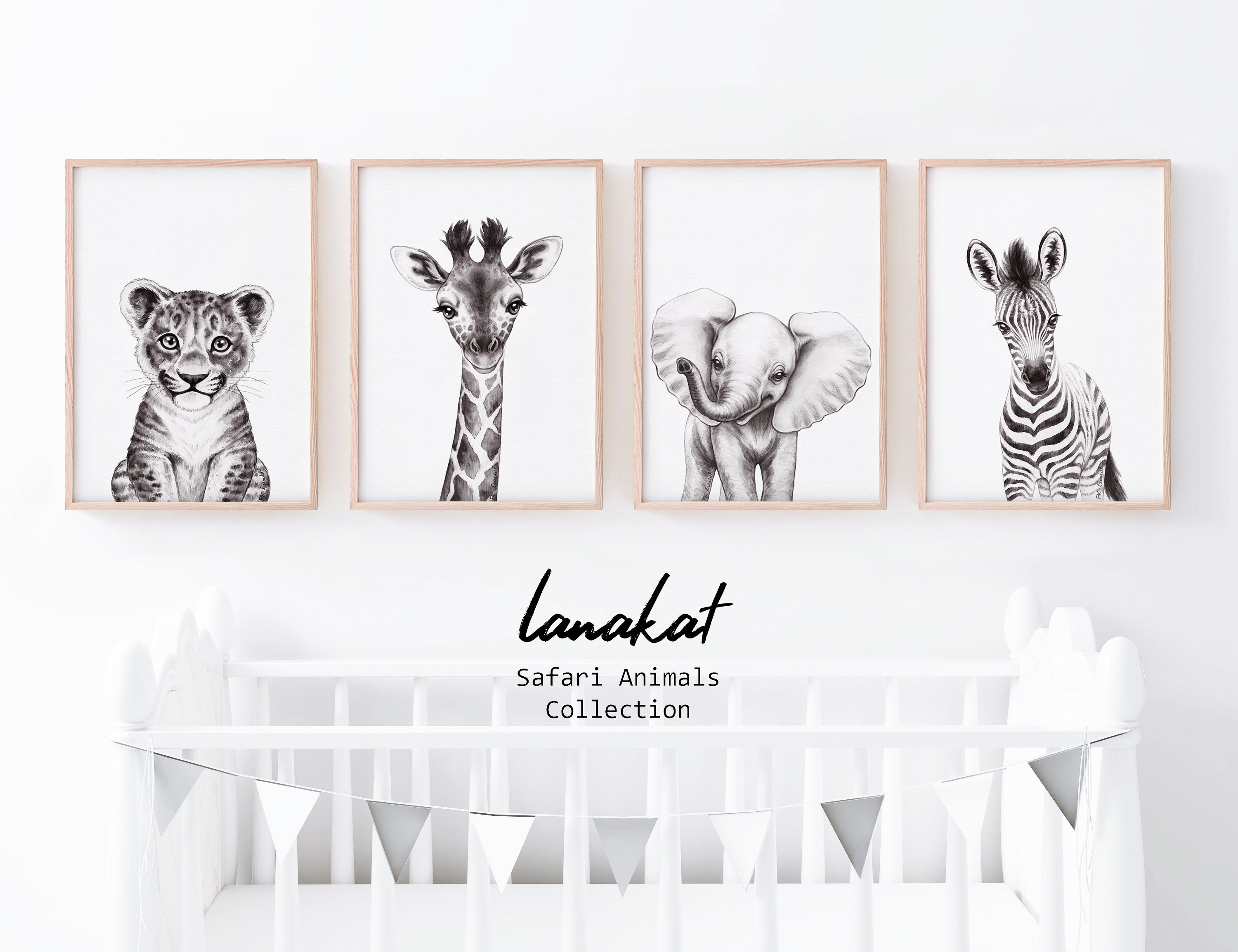 SET 4 Safari Animals Prints. Baby Lion Elephant Giraffe Zebra - Etsy